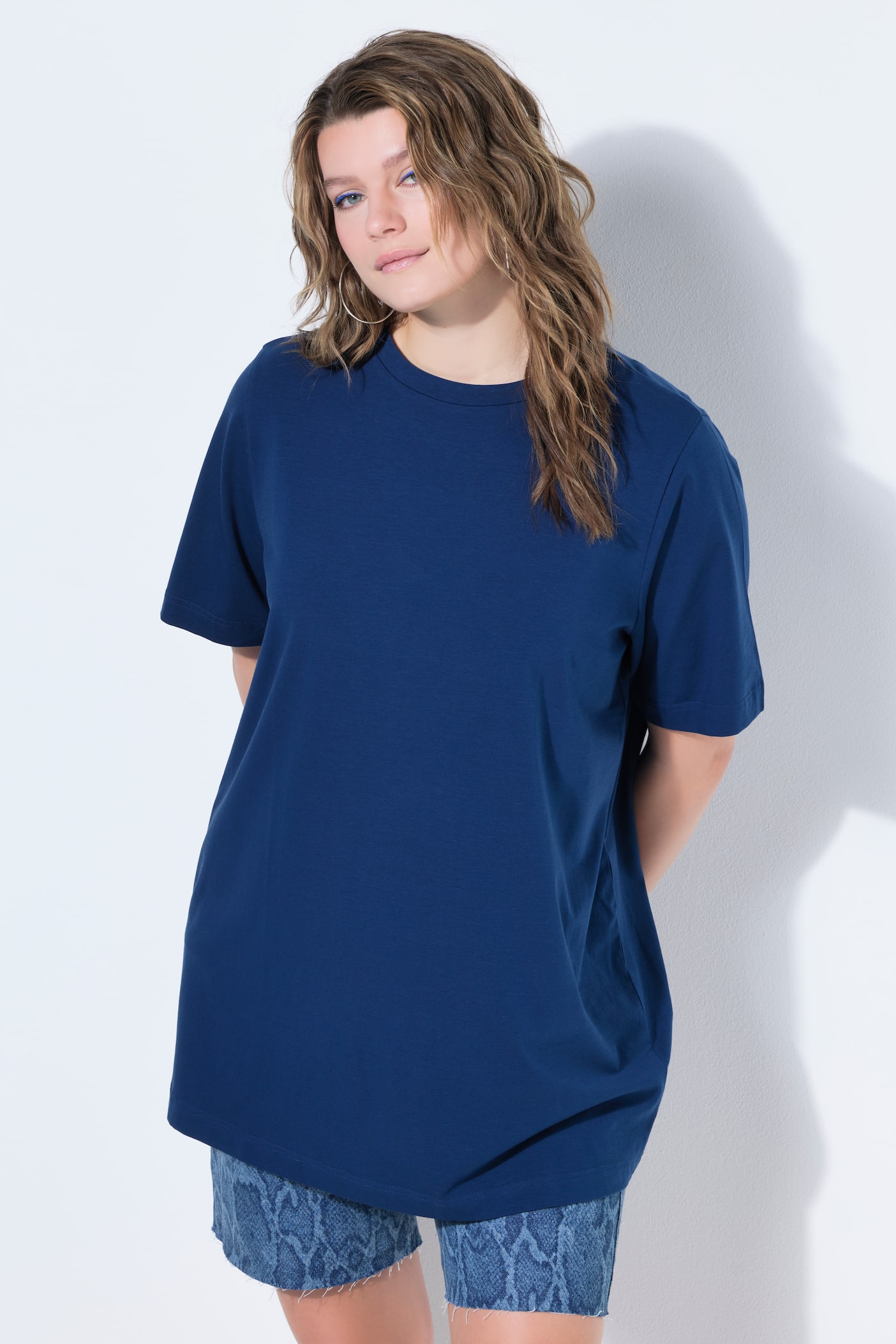 Longshirt, ronde hals, halve mouwen, lang model, donkerblauw | Ulla Popken