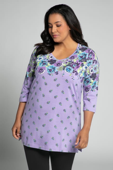 Raining Flowers Print V-Neck Knit Tunic | Knit Tunics | Knit Tops & Tees
