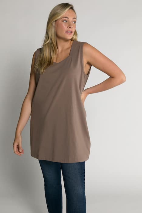 Top largo, ajuste clásico, cuello cuadrado, sin mangas, gris topo ...