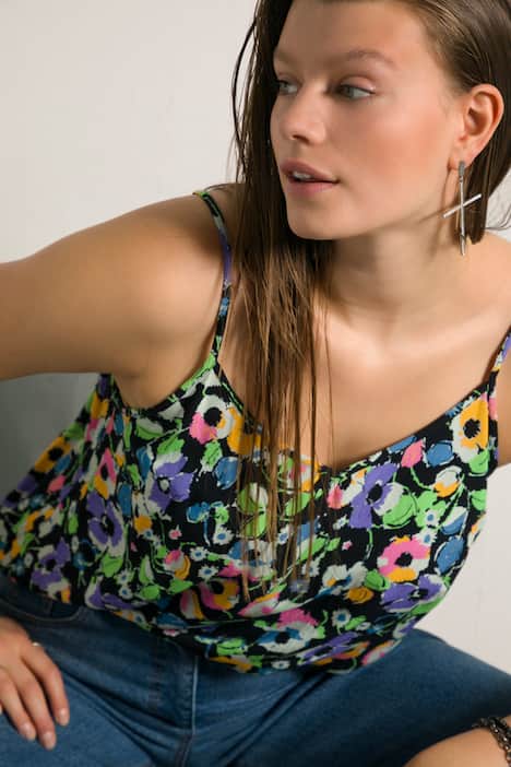 Top Flower Print V Ausschnitt Spaghettiträger Blusentops Blusen