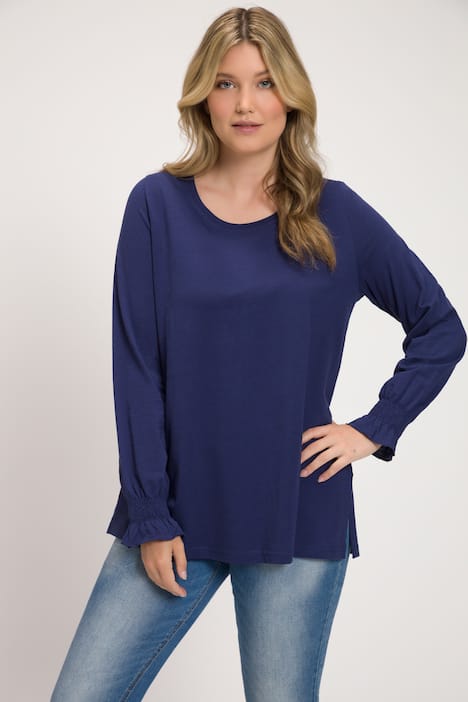 Smocked Sleeve Hem Round Neck Slub Yarn Tee | T-Shirts | Knit Tops & Tees