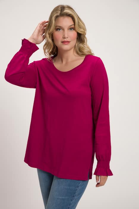 Smocked Sleeve Hem Round Neck Slub Yarn Tee | T-Shirts | Knit Tops & Tees