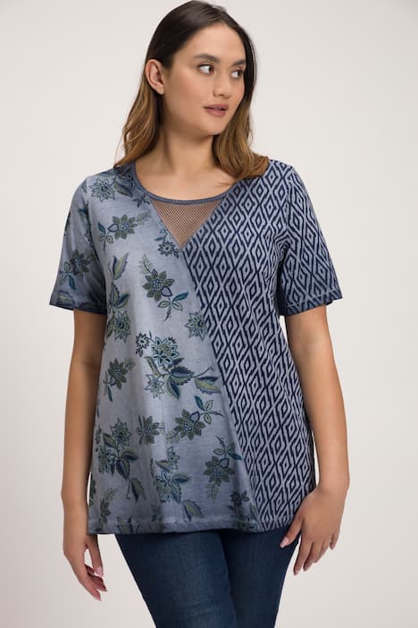 Mixed Print Mesh Inset Surplice V-Neck Tee | T-Shirts | Knit Tops & Tees