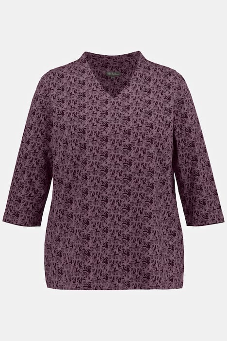 Floral Two Tone Print V-Neck Stretch Tee, mauve purple | Ulla Popken