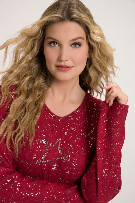 Sweat-shirt, étoiles, oversized, col V, manches longues, rouge bordeaux ...