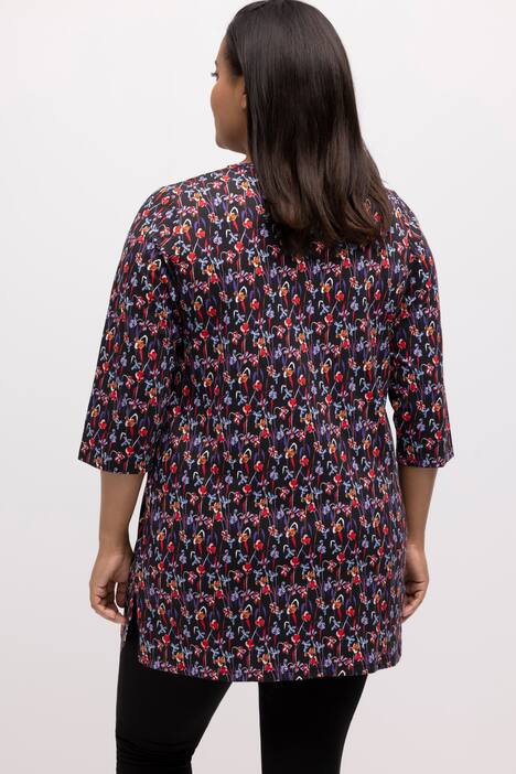 Keyhole Floral Cotton Knit Tunic, black multi | Ulla Popken