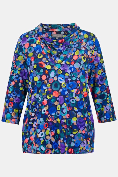 Abstract Dot Waterfall Neck Stretch Knit Top, deep dark blue | Ulla Popken