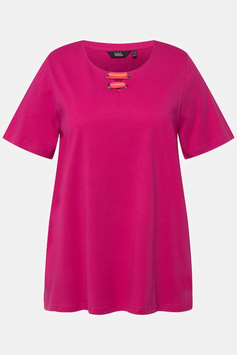 Elastic Lace Up Collar Tee, fuchsia pink | Ulla Popken