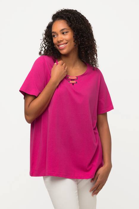 Elastic Lace Up Collar Tee, fuchsia pink | Ulla Popken
