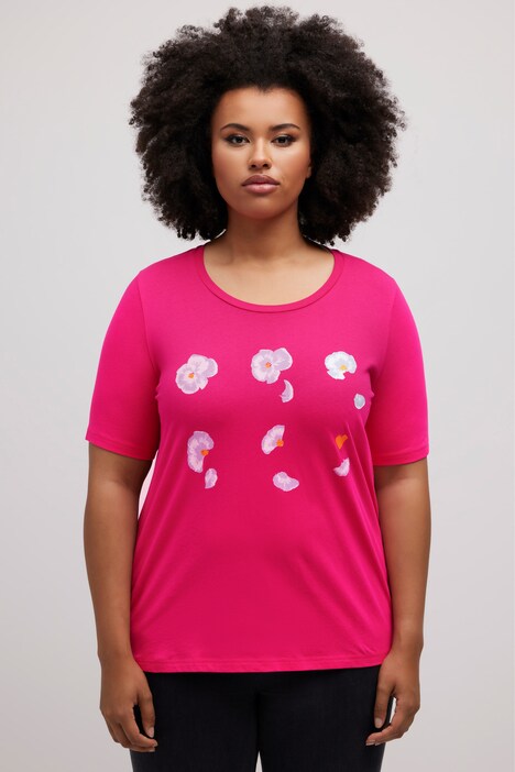 T-shirt, violettes, classique, col rond, manches mi-longues, rose vif ...