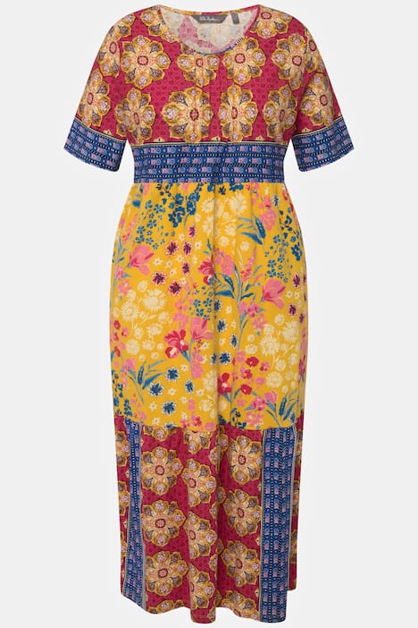 Robe midi, imprimé patchwork. Silhouette en A. Décolleté rond, manches ...