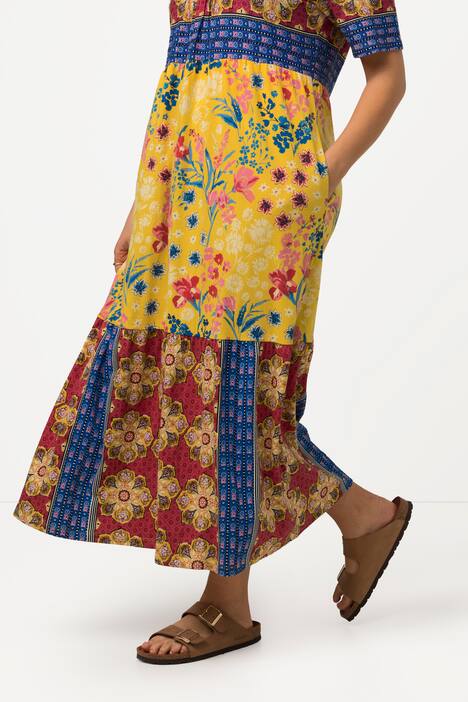 Robe midi, imprimé patchwork. Silhouette en A. Décolleté rond, manches ...