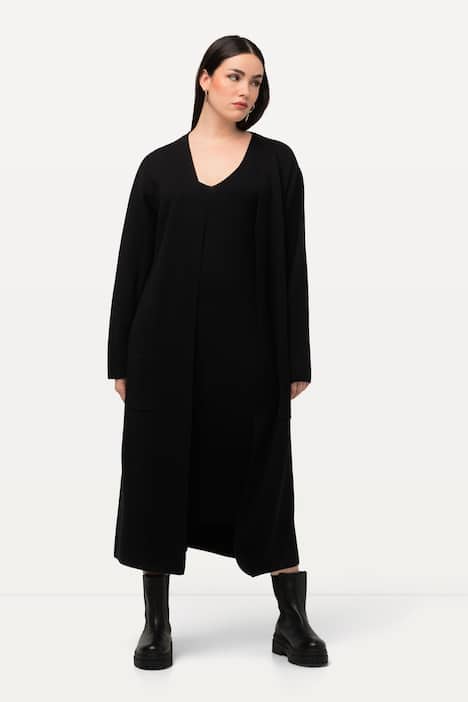 Cross Rib Knit Extra Long Cardigan, black | Ulla Popken