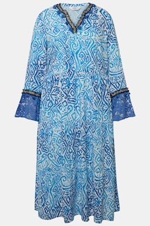 3/4-Sleeve A-Line All-Over Print Tunic Neckline Maxi Dress, medium blue ...